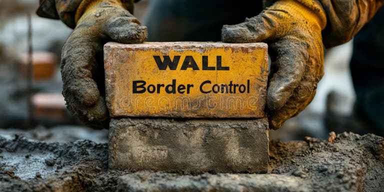 Worker Building the Border Wall with WALL Bricks for Border Control ...