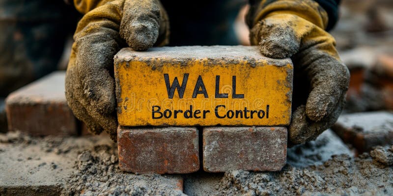 Worker Building the Border Wall with WALL Bricks for Border Control ...