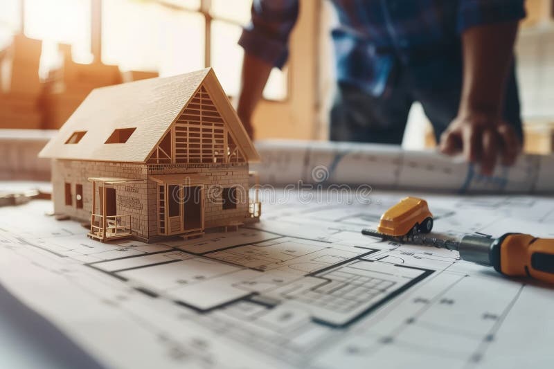 Worker Building a House on Blueprints - Construction Project Progress ...