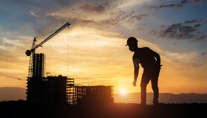 Worker on Building Site, Construction Site Silhouette at Sunset Sky in ...