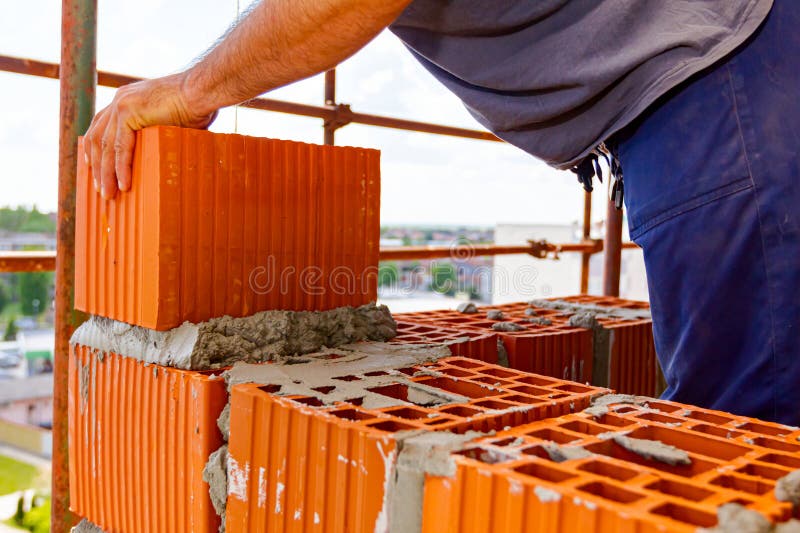 Wall Built of Red Bricks and Mortar with Tight Rope for Construction ...
