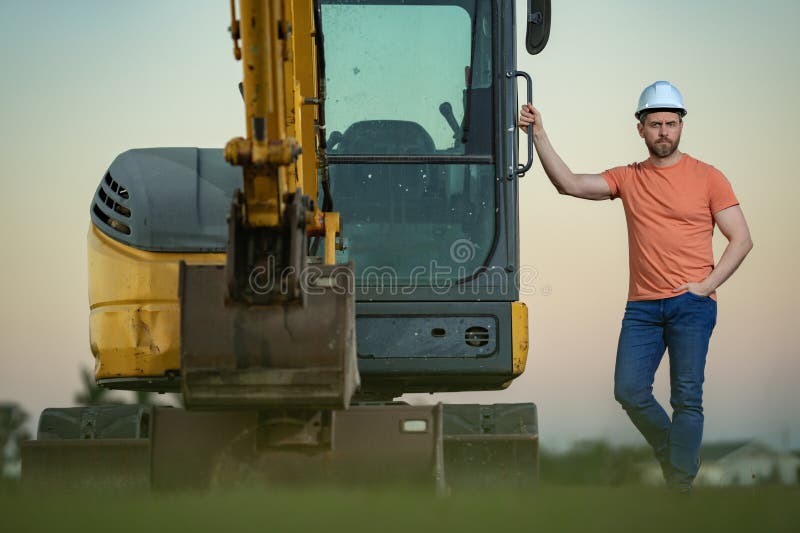 Worker with Bulldozer on Site Construction. Man Excavator Worker Stock ...