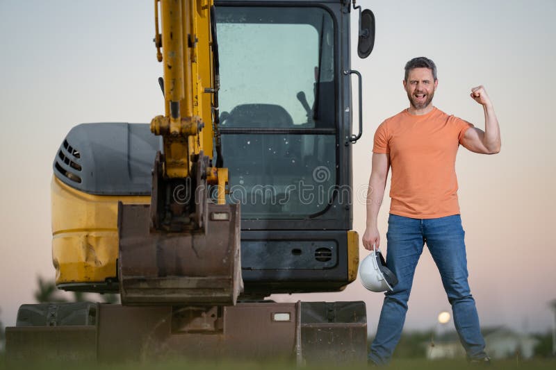 Worker with Bulldozer on Site Construction. Man Excavator Worker Stock ...