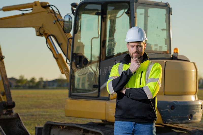 Worker with Bulldozer on Site Construction. Man Excavator Worker Stock ...