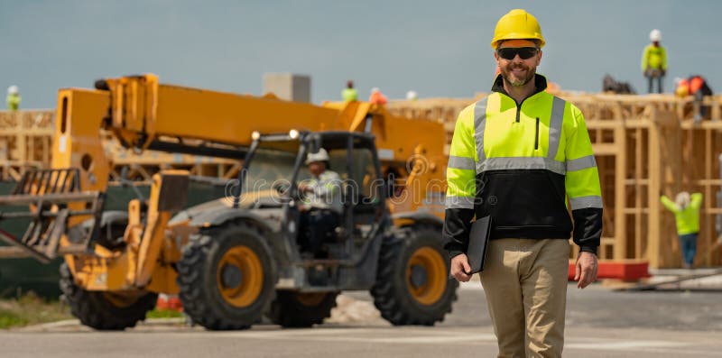 Worker with Bulldozer on Site Construction. Man Excavator Worker Stock ...