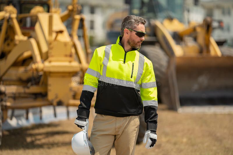 Worker with Bulldozer on Site Construction. Man Excavator Worker Stock ...