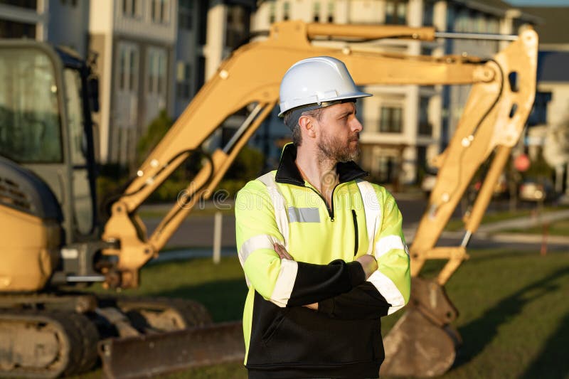 Worker with Bulldozer on Site Construction. Man Excavator Worker Stock ...