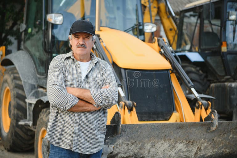 Worker with Bulldozer on Site Construction. Man Excavator Worker Stock ...