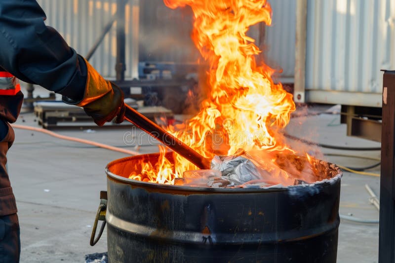 Worker Burning Waste in a Metal Drum, Using Safety Equipment Stock ...