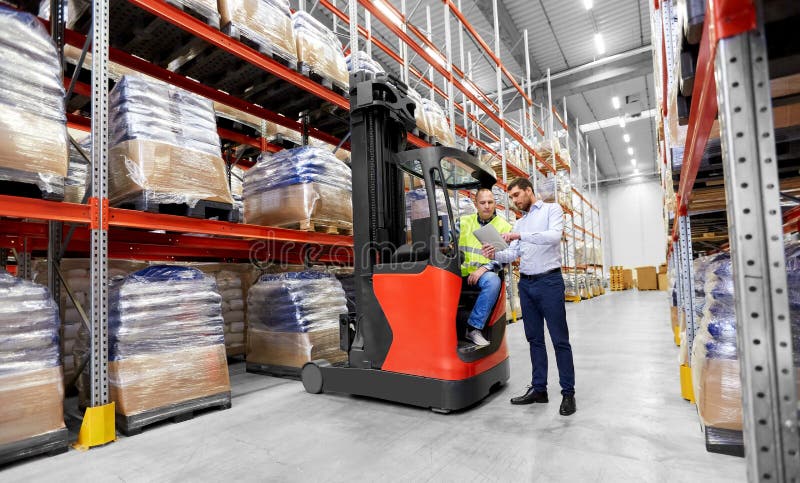Worker and Businessman with Tablet Pc at Warehouse Stock Image - Image ...