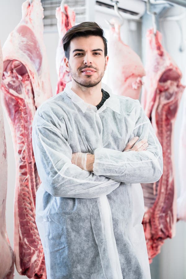Worker in Butchery Standing in Front of Carcasses Stock Image - Image ...