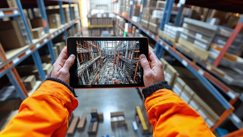 Worker Capturing Warehouse Activity with Tablet in High-resolution View ...