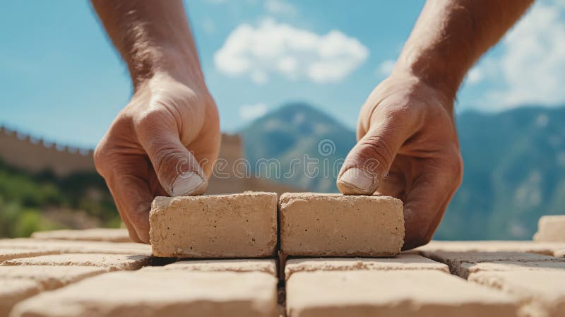 Hands Placing Bricks To Construct a Wall in a Mountainous Environment ...
