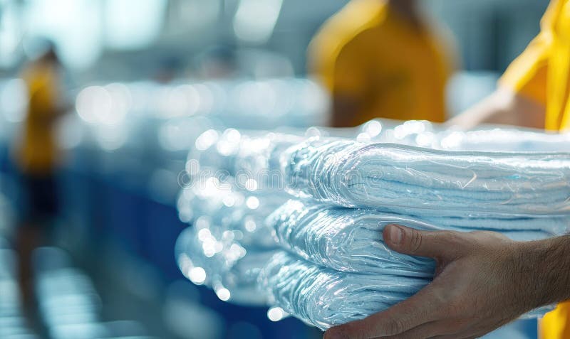 A Worker Carefully Handles Neatly Stacked Rolls of White Material in a ...