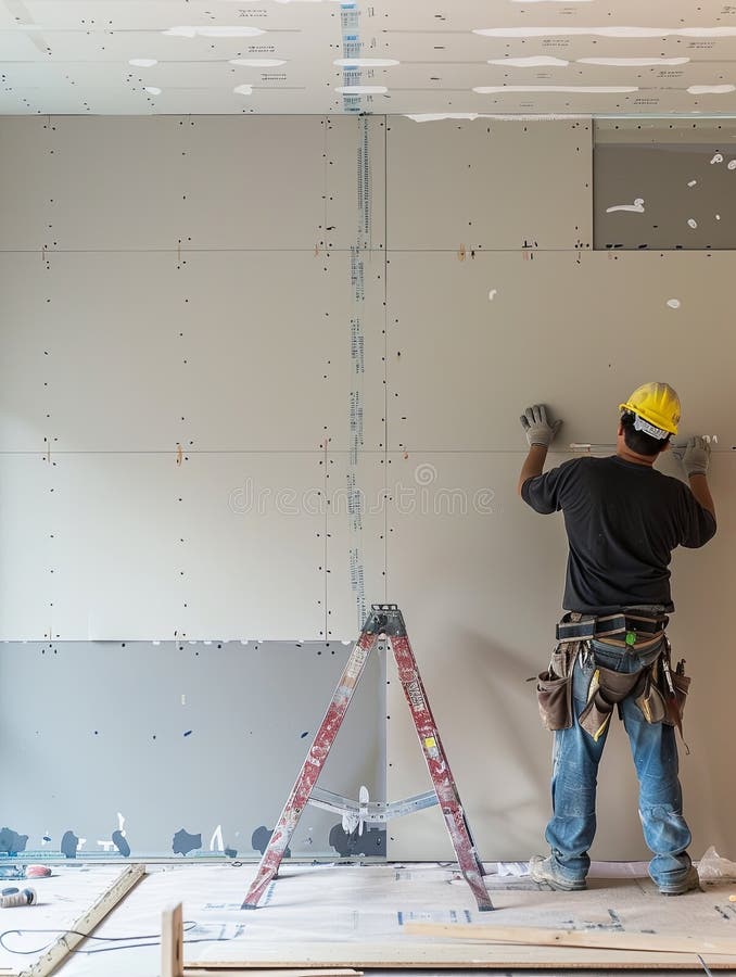 Worker Fitting Drywall Panels in Construction Phase of Renovation ...