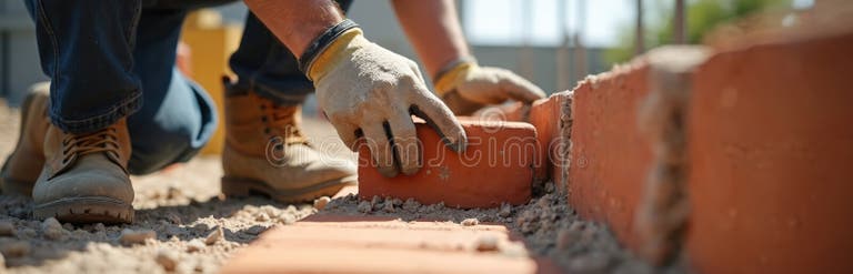 Worker Carefully Lays Brick Using Level, Trowel. Bricklayer in Gloves ...