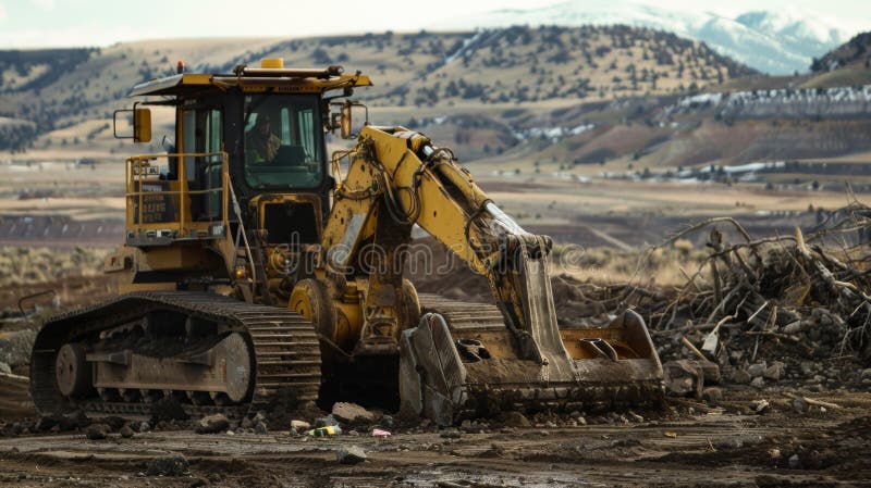 A Worker Carefully Operating a Giant Earthmover To Clear Out Debris and ...