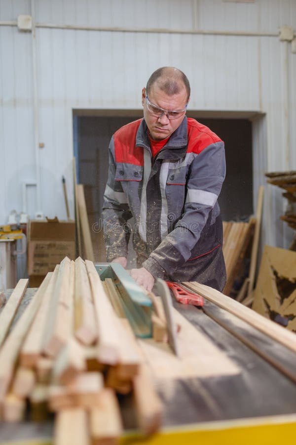 The Worker Carefully Saws the Board on the Machine. Front View Stock ...