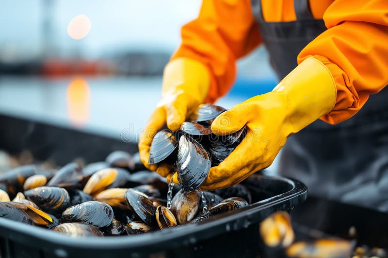 Worker Carefully Sorting Shells in Seafood Processing Facility. Bright ...