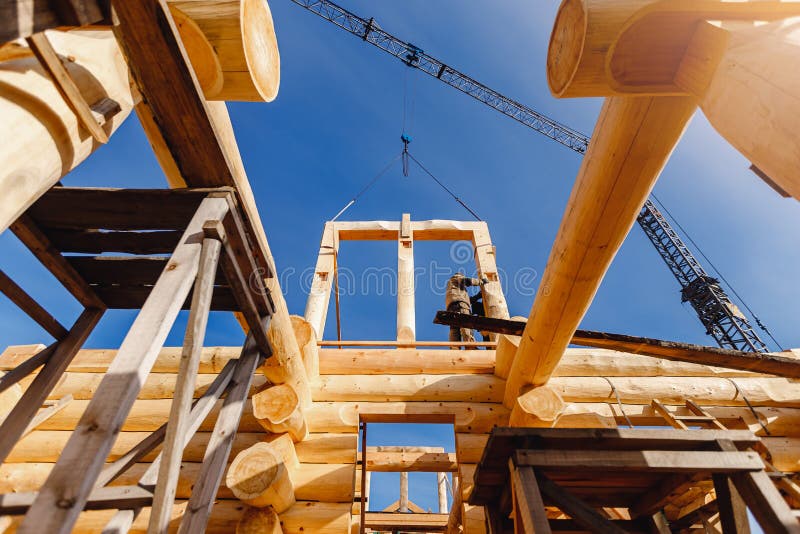 Worker Carpenter Builder Working on Roof House of Log Structure ...