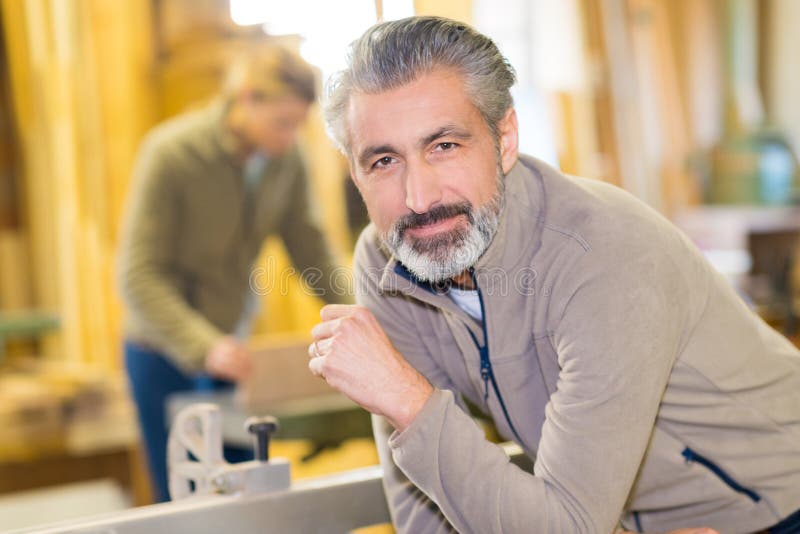 Worker at Carpentry Workshop Posing Stock Image - Image of side, safety ...