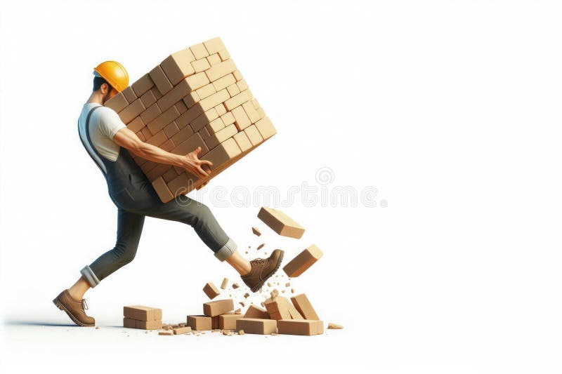 A Worker Carries a Heavy Load of Bricks, Stumbling. Space for Text ...