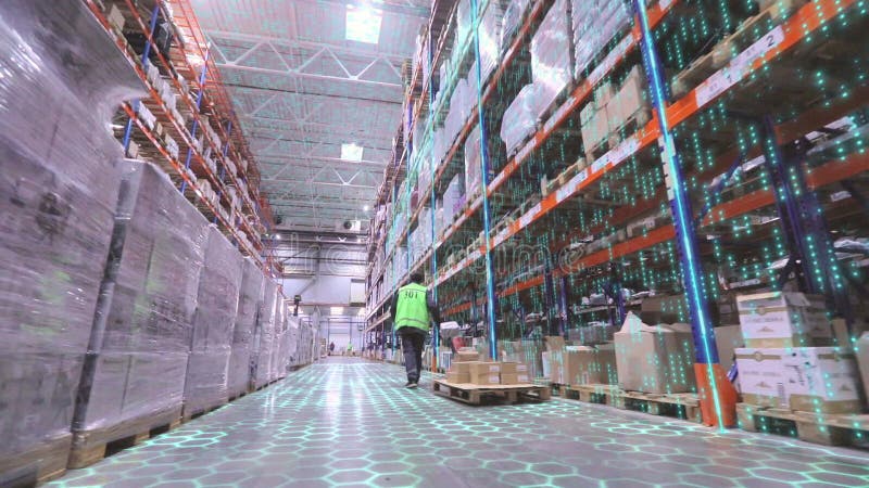 A Worker is Carrying a Rokla through a Large Warehouse. the Worker ...
