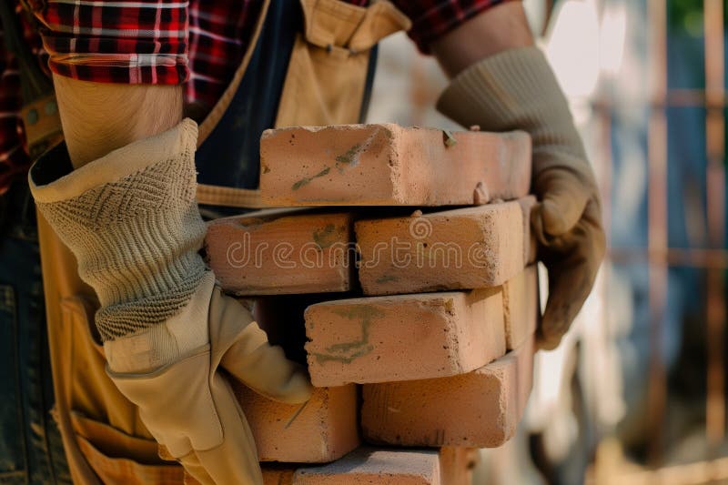 Worker Carrying a Stack of Bricks with Gloves Stock Photo - Image of ...