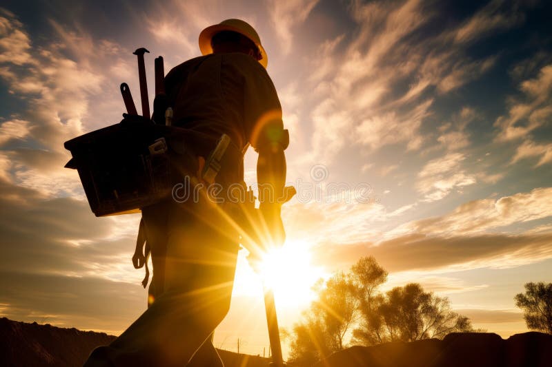 Worker Carrying Tools with Sun Low in the Sky Behind Him Stock Image ...