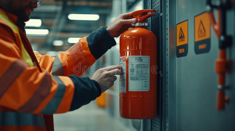 Worker Checking Fire Extinguisher Status in a Warehouse during Daylight ...