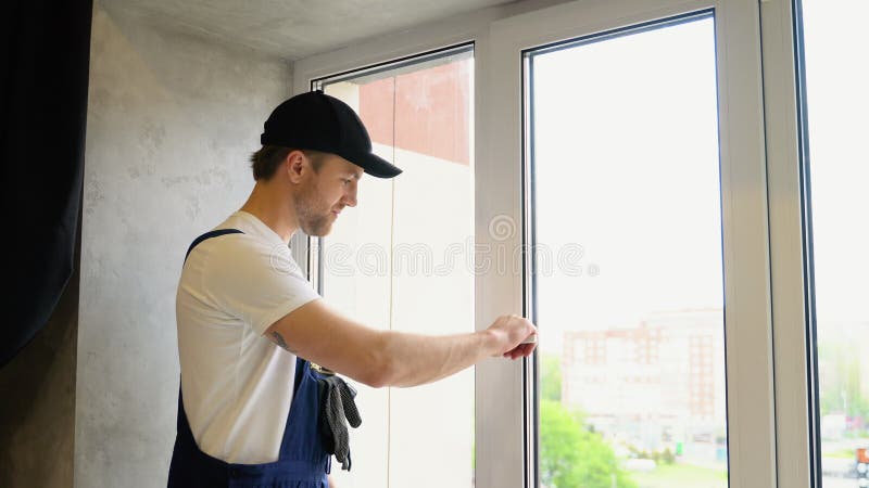 Worker Checks System of a Window Lock. the Concept of Protecting a ...