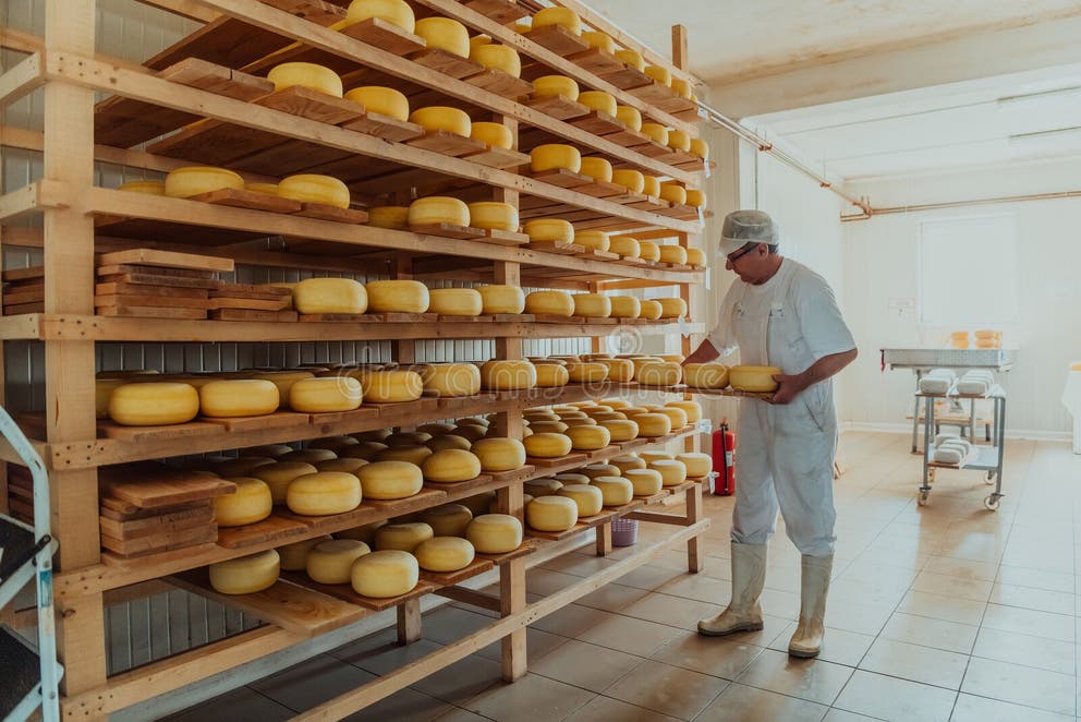A Worker at a Cheese Factory Sorting Freshly Processed Cheese on Drying ...