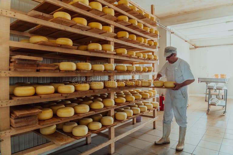 A Worker at a Cheese Factory Sorting Freshly Processed Cheese on Drying ...