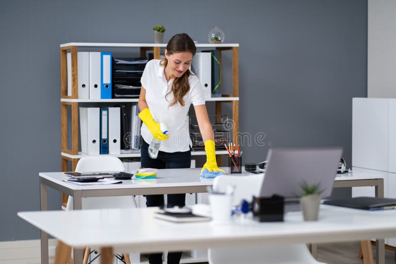 Worker Cleaning Desk with Rag Stock Image - Image of meeting, computer ...