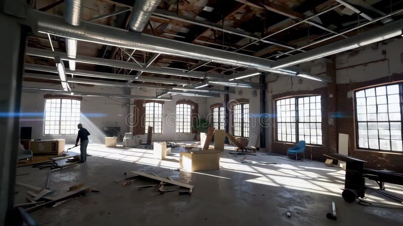 Worker Cleaning Empty Office Space with Sunlight Beams Stock Video ...