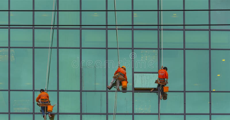 Worker Cleaning High Tower in Big City Stock Image - Image of business ...