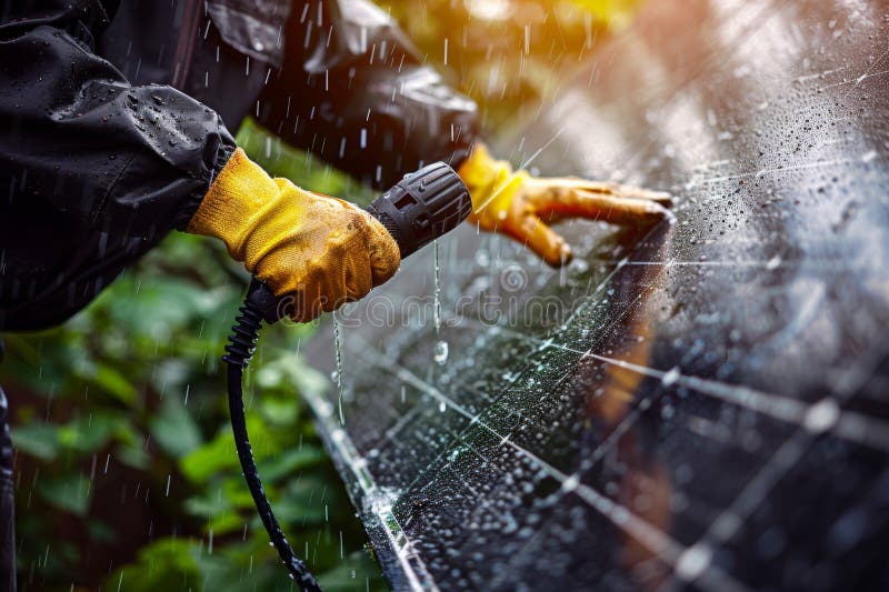 Worker Cleaning Solar Panel with Blower after Rain. Maintenance of ...