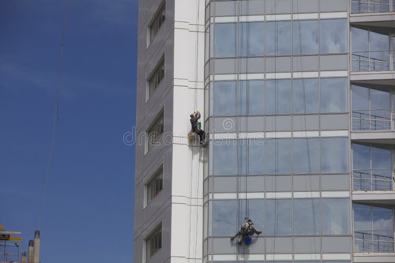 Worker Cleaning Windows on Height Stock Image - Image of cleaning ...
