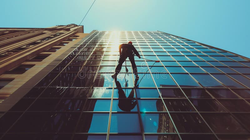 Worker Cleaning Windows Service on High Rise Building Stock ...