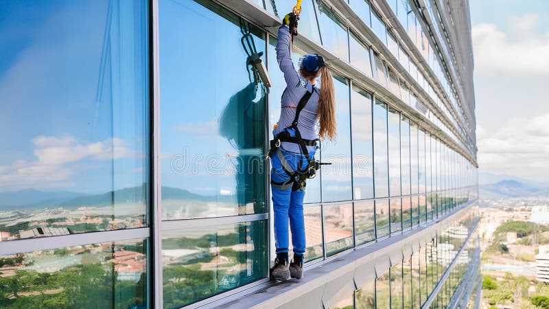 A Worker is Cleaning the Windows of a Tall Building Stock Illustration ...