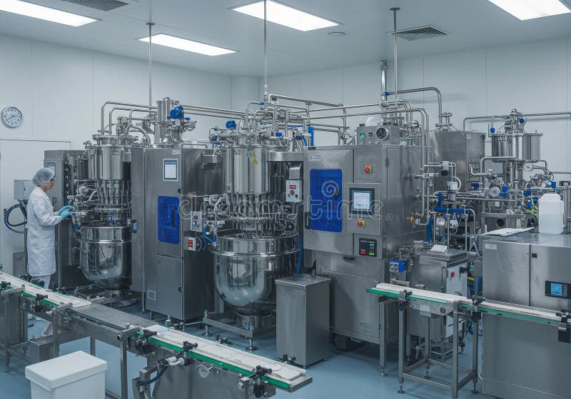 Worker in Cleanroom Operating Modern Food Processing Equipment Stock ...