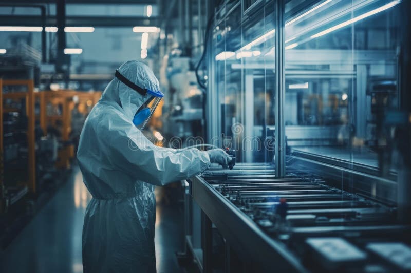 A Worker in a Cleanroom Suit Operates Machinery in a Modern Industrial ...