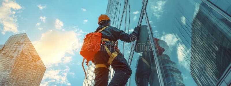 Worker Cleans High-rise Building Windows at Sunset while Securely ...