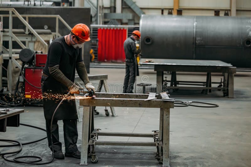 Worker Cleans Metal Part Using Grinding Machine in Metalworking ...