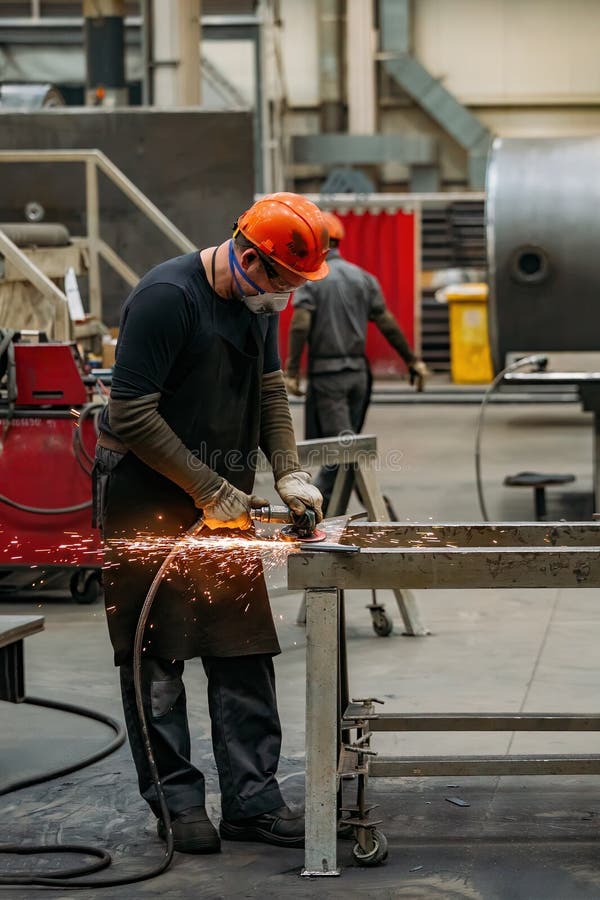 Worker Cleans Metal Part Using Grinding Machine in Metalworking ...