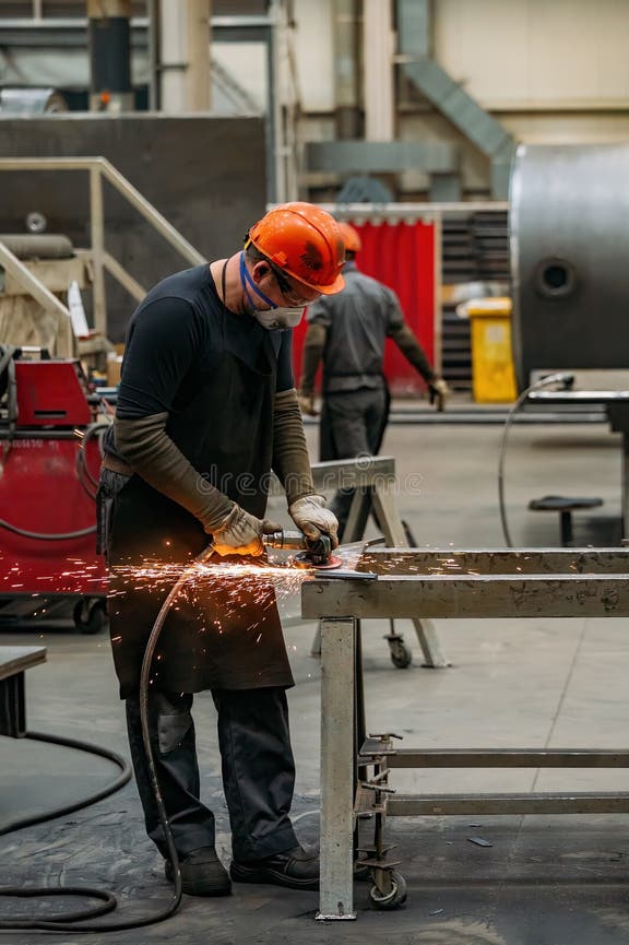 Worker Cleans Metal Part Using Grinding Machine in Metalworking ...