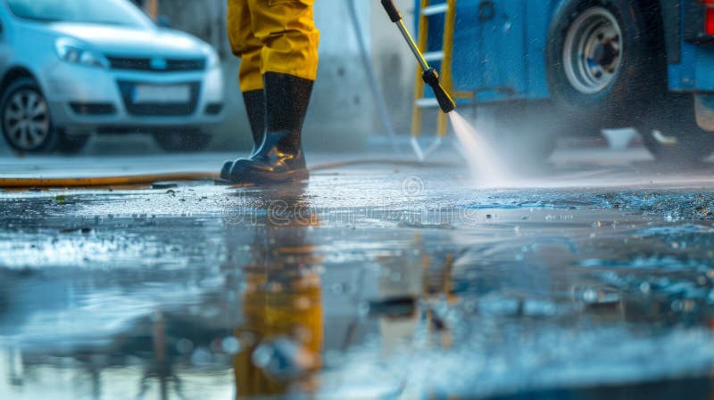 Worker Cleans the Street after Rain Shower Stock Image - Image of floor ...