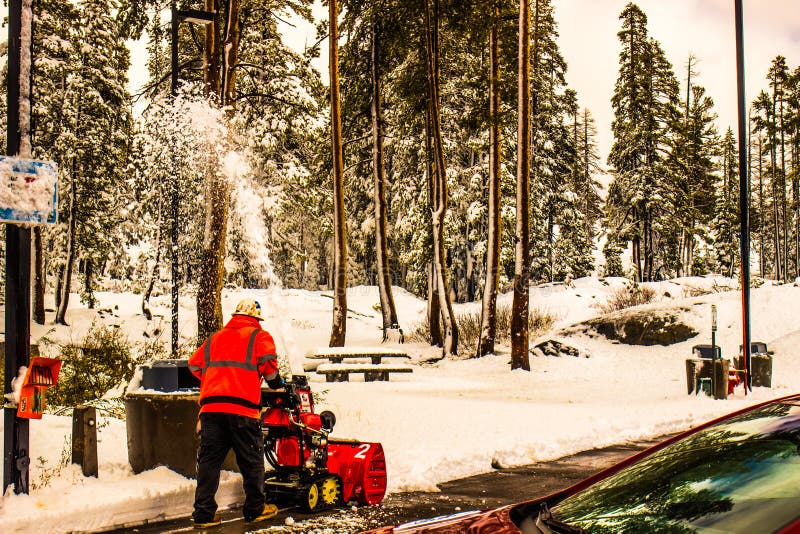 Worker Clearing Snow at Rest Area Stock Image - Image of highway, blow ...