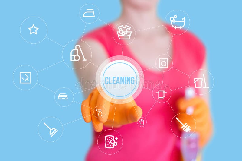 Worker Clicks on the Cleaning Button . Stock Photo - Image of cloth ...