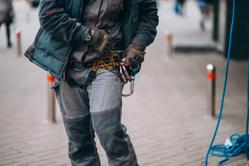 Worker Climber Preparing for Work at Height. Stock Image - Image of ...